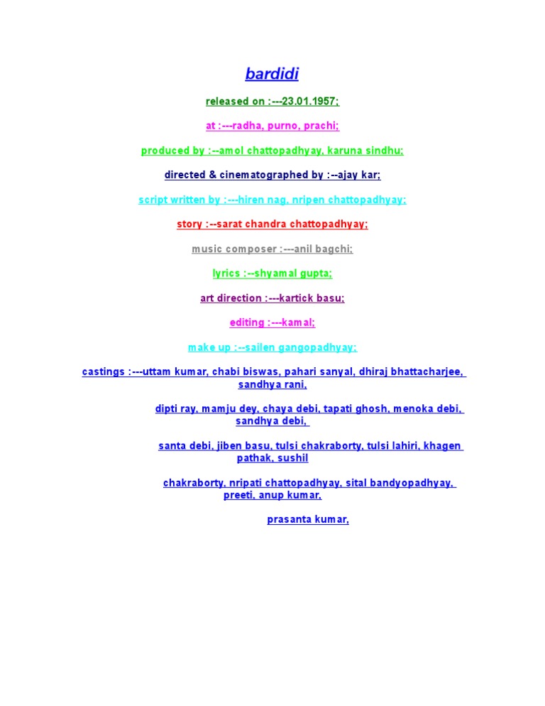 Bardidi: Produced By: - Amol Chattopadhyay, Karuna Sindhu | PDF