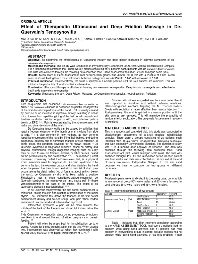 Effect of Therapeutic Ultrasound and Deep Friction Massage in De ...