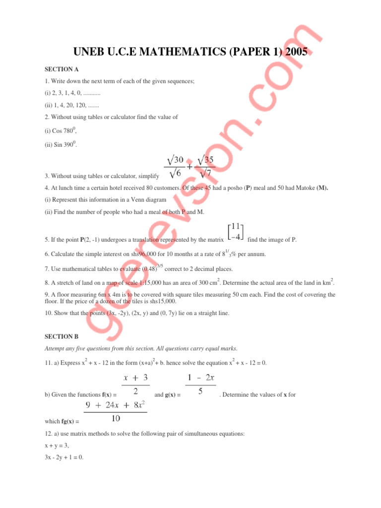 Uneb U.C.E Mathematics Paper 1 2005 | Download Free PDF | Area | Circle