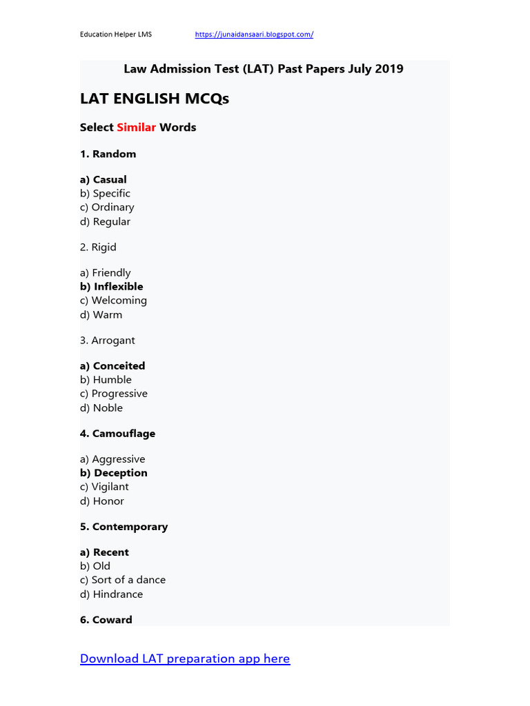 Law Admission Test (LAT) Past Papers July 2019 | PDF | Pakistan | Ali