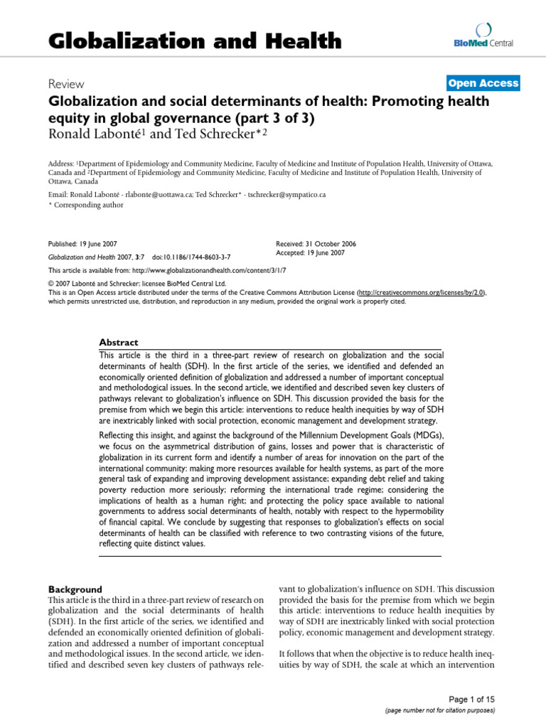 Globalisation and Social Determinants of Health- Promoting Health ...