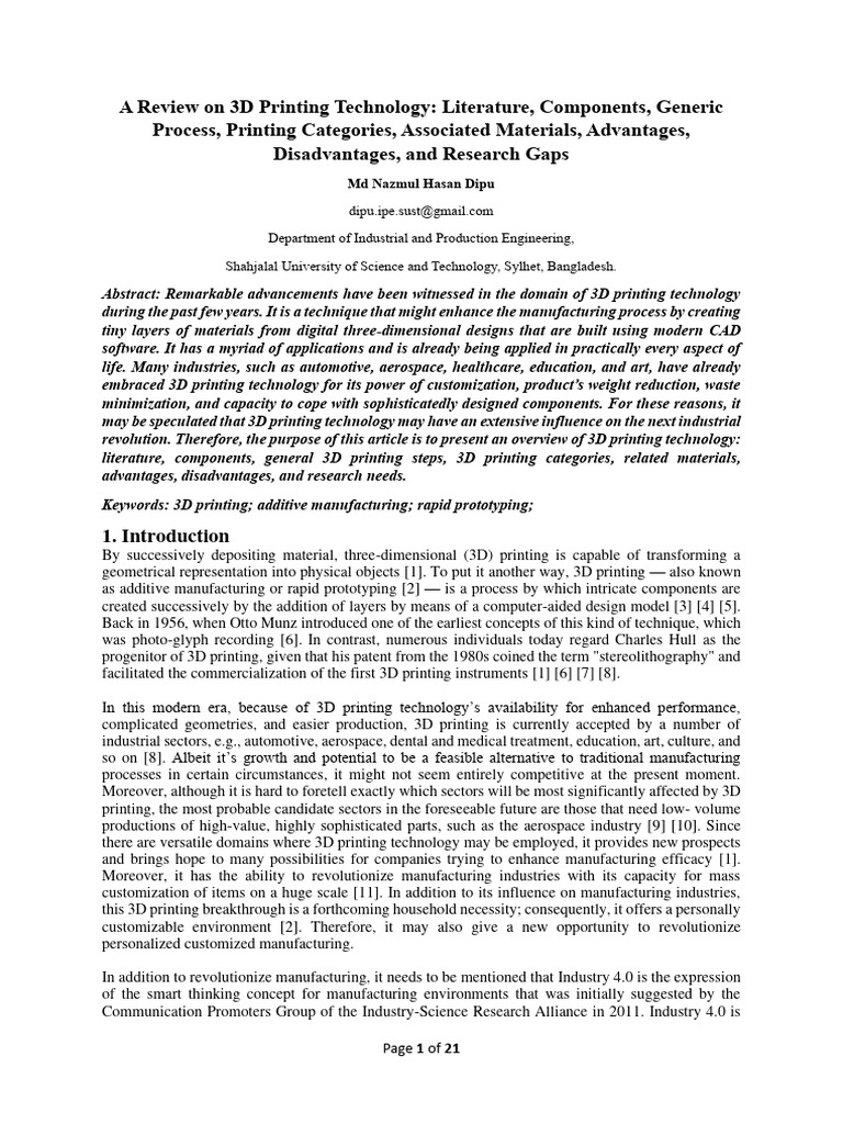 A Review On 3D Printing Technology Literature Comp | PDF | 3 D Printing ...
