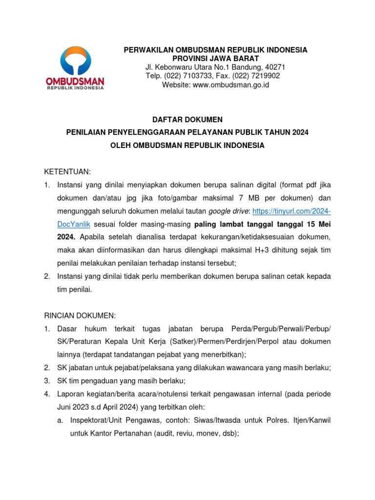 Daftar Dokumen Penilaian Ombudsman 2024 | PDF