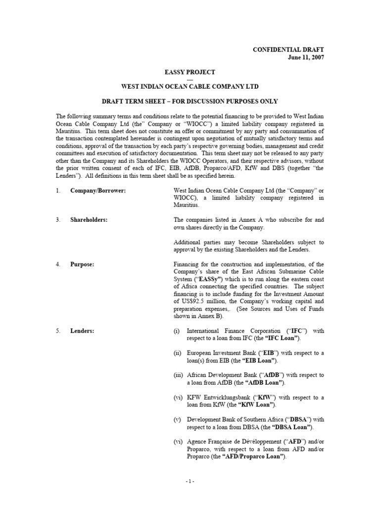 West Indian Cable - EASSy - Indicative - Term - Sheet - AFDB - Rev. - June - 2007 | PDF | Debt ...