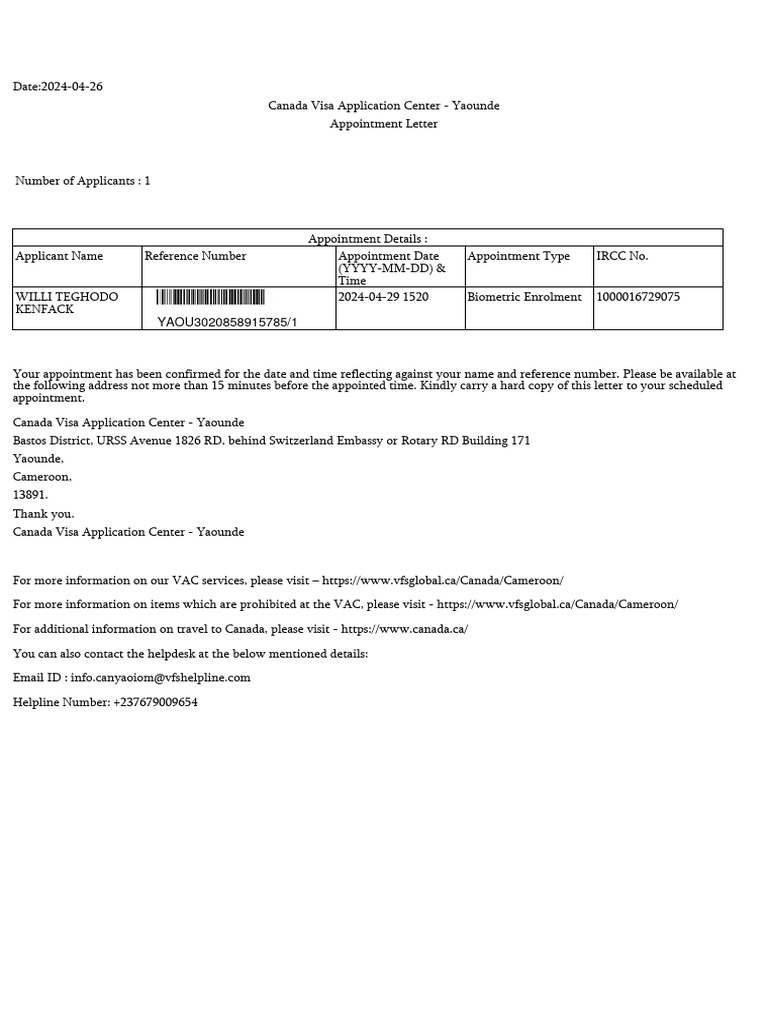 Canada Visa Appointment Confirmation - Yaounde | PDF | Law