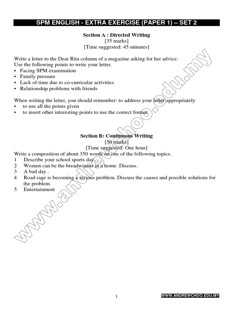 SPM English Extra Exercise - Paper 1 - Set 2 | PDF | Anger | Entertainment