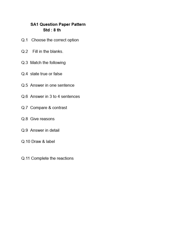 SA1 Question Paper Pattern STD: 8 TH | PDF