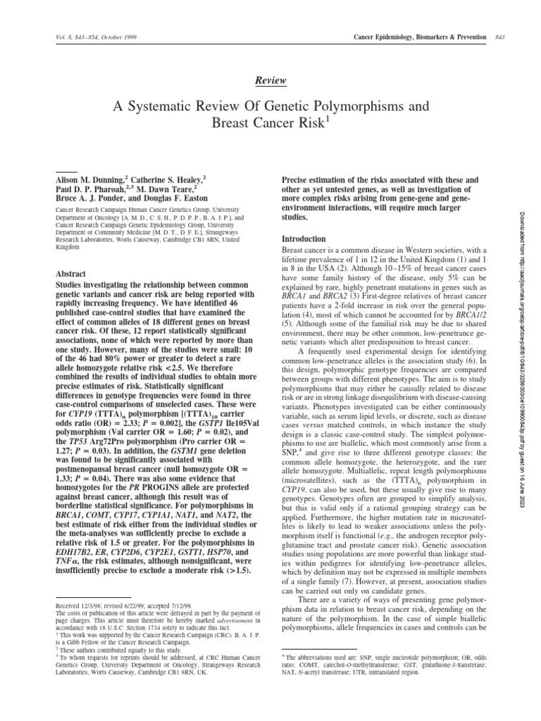 Brest Cancer Polymorphism Paper | PDF | Estrogen | Single Nucleotide ...