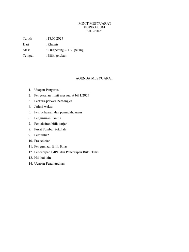 Minit Mesyuarat Kurikulum SKBP Bil 2 2023 | PDF