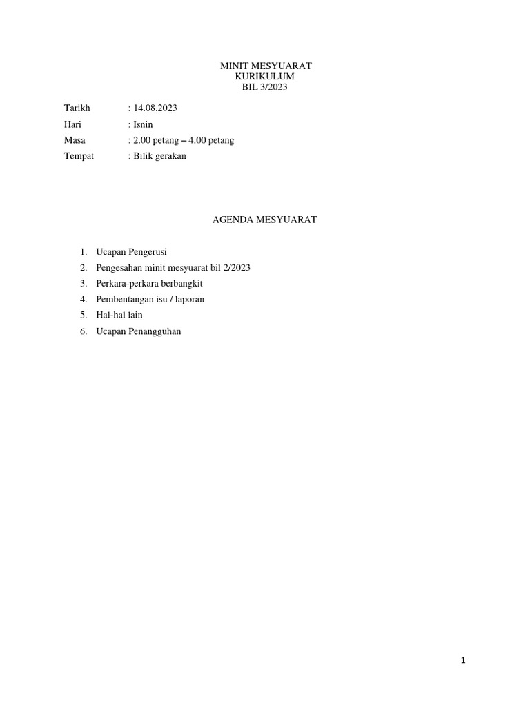 Minit Mesyuarat Kurikulum SKBP Bil 3 2023 | PDF