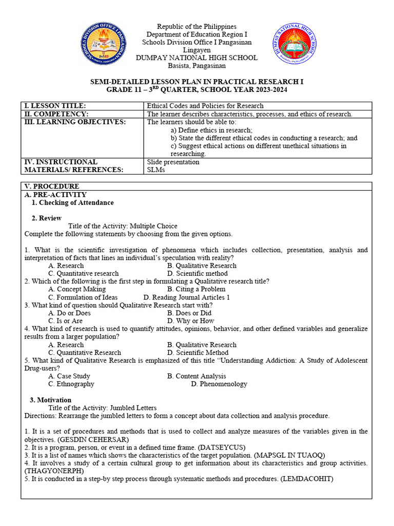 Semi DLP PR1 Q1 Ethical Codes and Policies | PDF | Qualitative Research | Quantitative Research