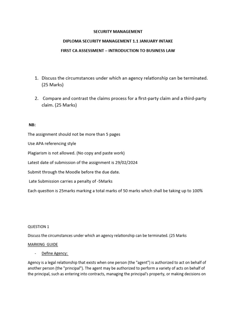 Business Law Assignment - Marking Guide | PDF | Law Of Agency | Burden ...