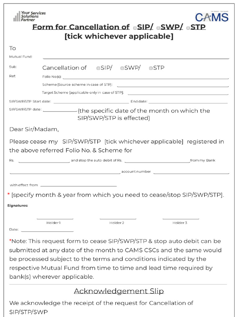 Form For Cancellation of SIP - SWP - STP | PDF