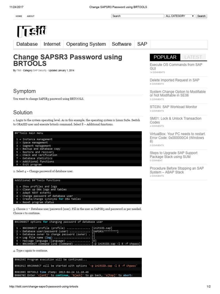 Change SAPSR3 Password Using BRTOOLS | PDF | Password | Databases