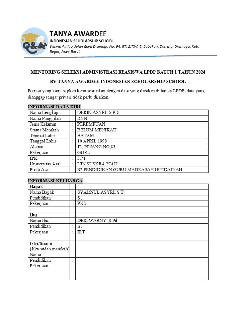 CV MSA by Tanya Awardee Tahap 1 2024 | PDF