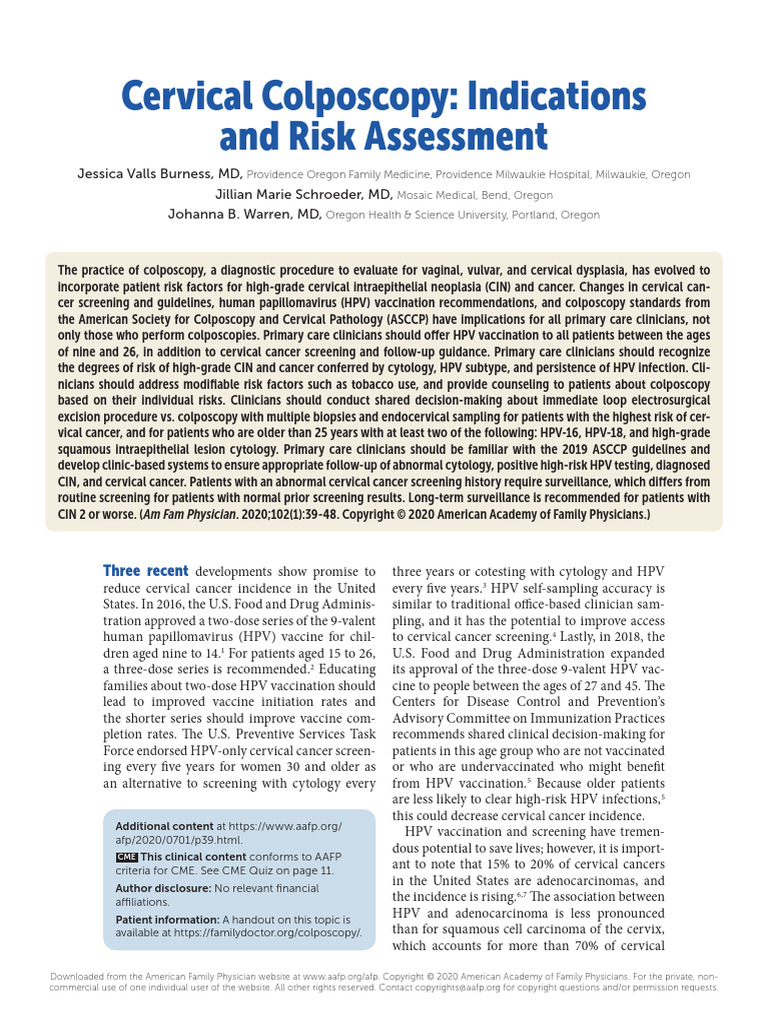 Cervical Colposcopy: Indications and Risk Assessment: Three Recent ...