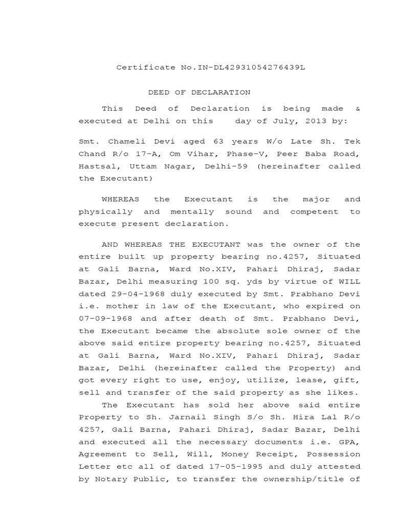 DEED OF DECLARATION Chameli Devi | PDF | Affidavit | Deed