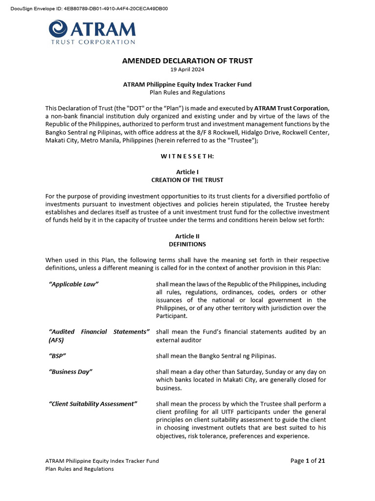 AMENDED DECLARATION OF TRUST - ATRAM Philippine Equity Index Tracker ...