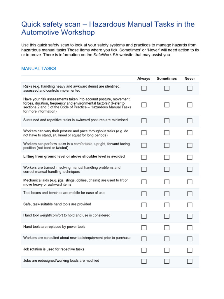 Hazardous Manual Tasks Safety Scan Auto Workshops | PDF | Tire | Safety