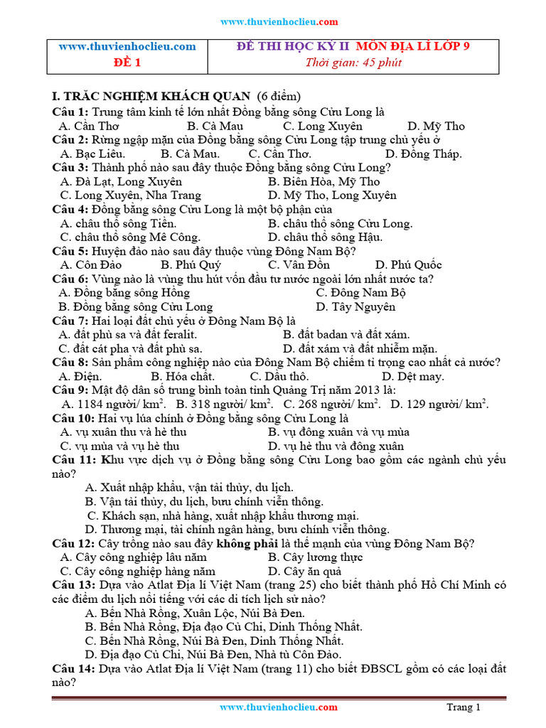 10 de Thi HK2 Dia Li 9 Co Dap An | PDF