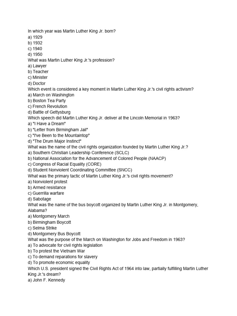 Martin Luther King Jr. Quiz Questions | PDF | Martin Luther King Jr ...