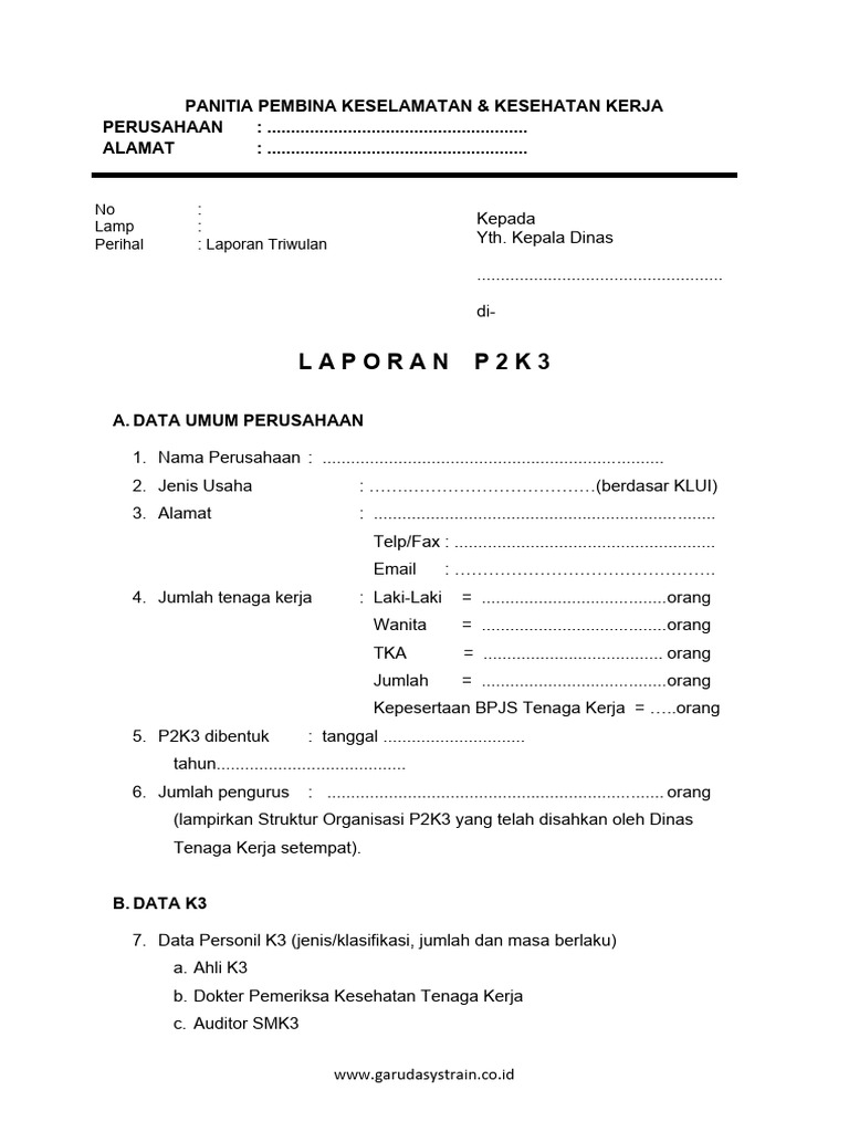 Format Laporan Triwulan K3L P2K3 Ke Disnaker Setempat | PDF