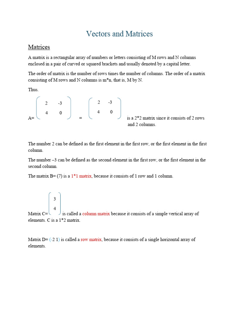 Vectors and Matrices | PDF | Matrix (Mathematics) | Euclidean Vector