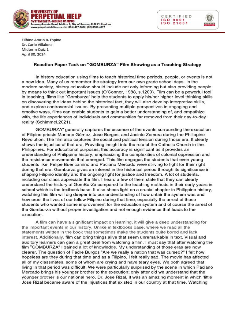 Reaction Paper (GOMBURZA) | PDF | Learning | Behavior Modification