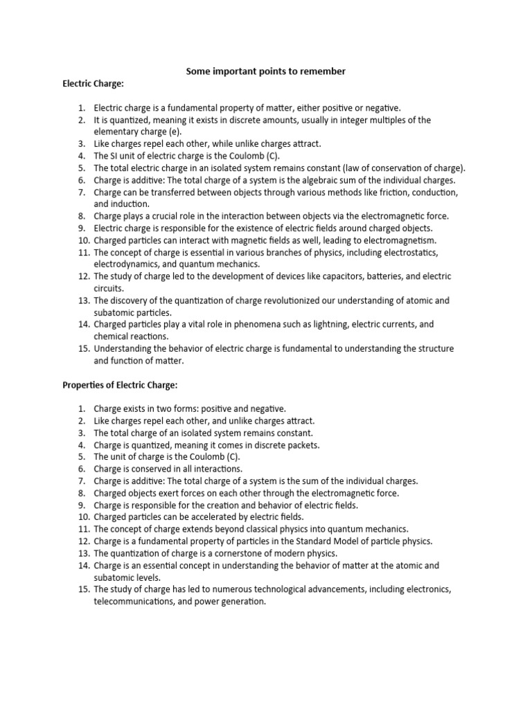 Important Points To Remember | PDF | Electric Charge | Electric Field