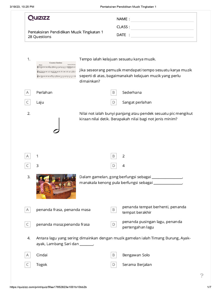 Pentaksiran Pendidikan Muzik Tingkatan 1 | PDF