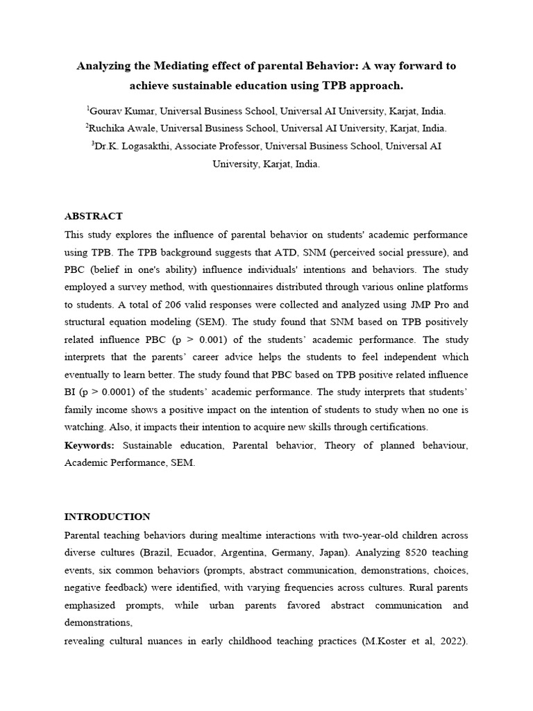 Analyzing The Mediating Effect of Parental Behavior - A Way Forward To Achieve Sustainable ...