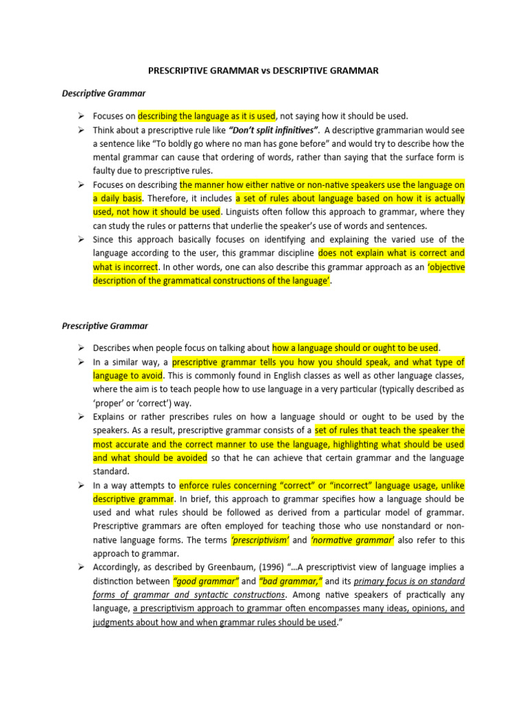 Prescriptive vs Descriptive Grammar Explained | PDF | Grammar | Linguistics