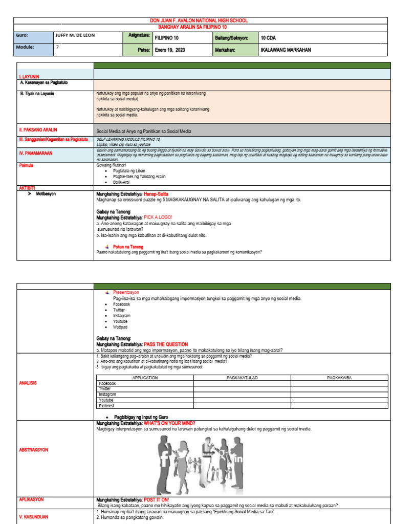 Lesson Plan Filipino 10 | PDF