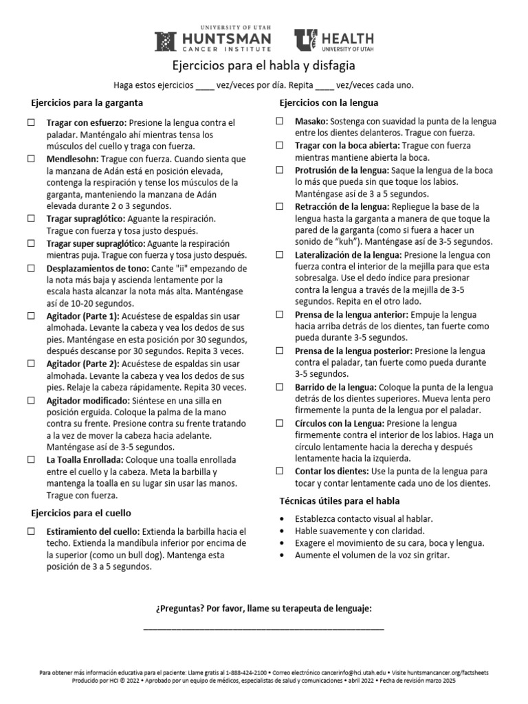 Speech and Swallowing Exercises Spanish | PDF