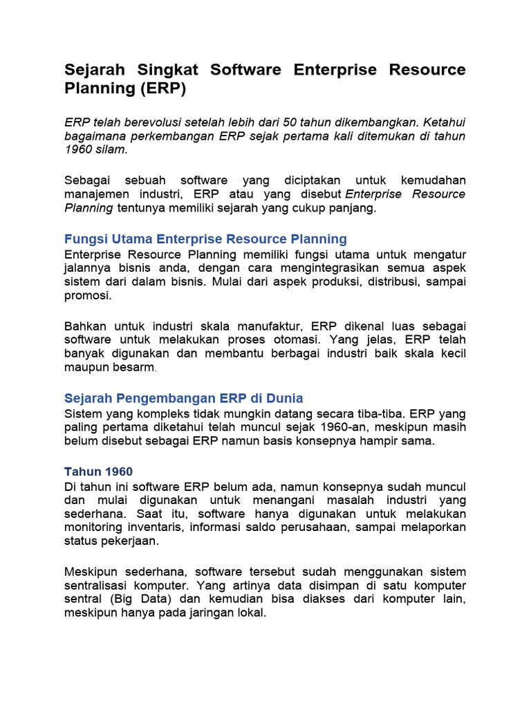 Sejarah Singkat Software Enterprise Resource Planning | PDF