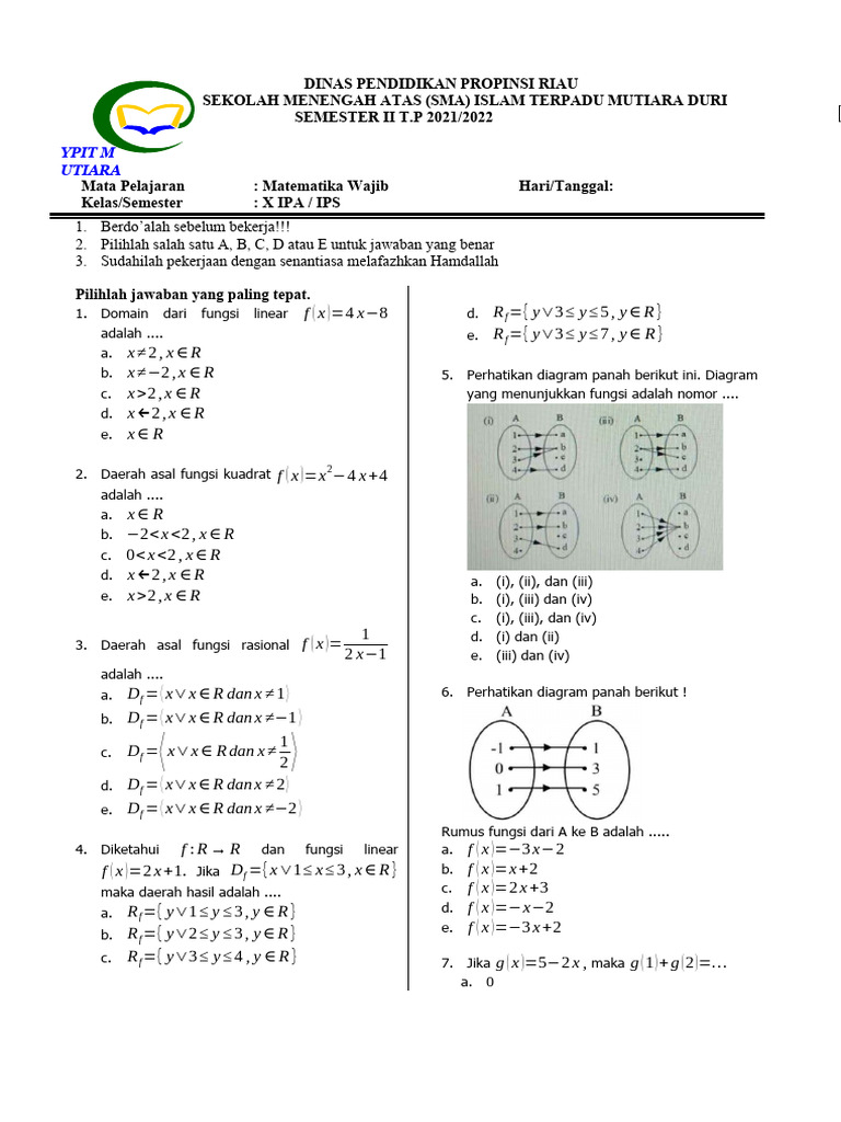 Soal SMTR 2 2022 KLS X Matematika | PDF