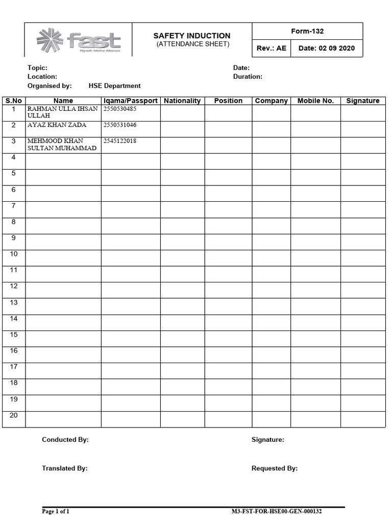 Visitor Safety Induction Attendance Form | PDF