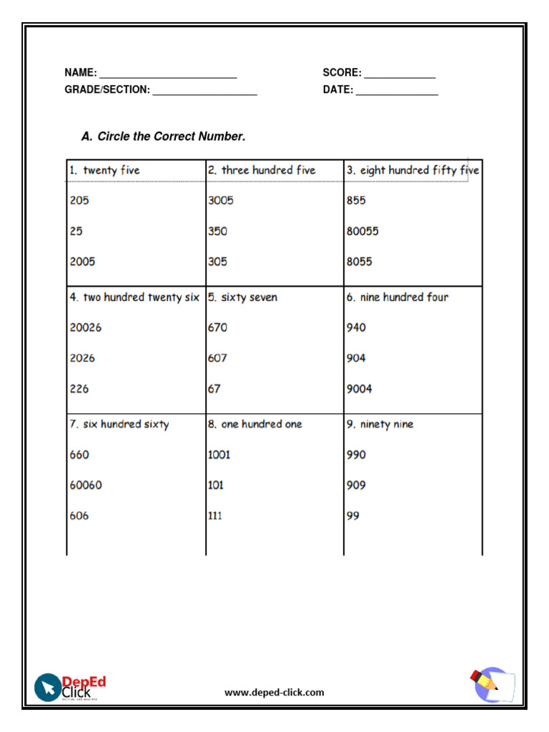 Grade 2 Activity Sheet (Reading and Writing Numbers) | PDF