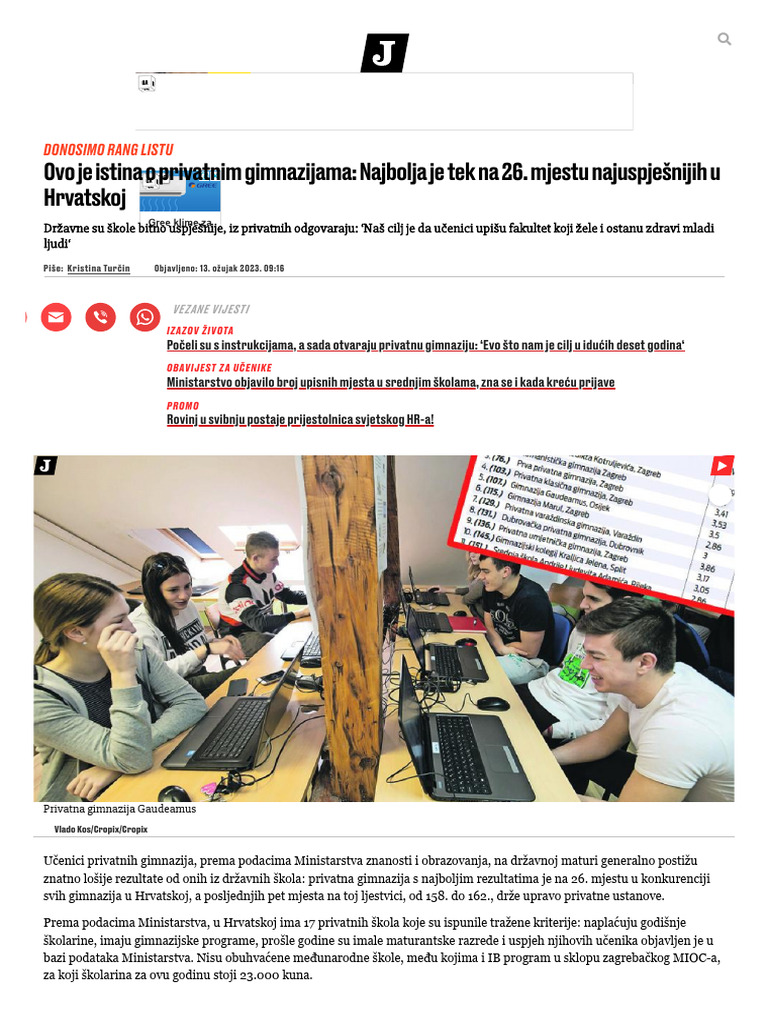 Jutarnji List - Ovo Je Istina o Privatnim Gimnazijama U Hrvatskoj - Najbolja Je Tek Na 26 ...