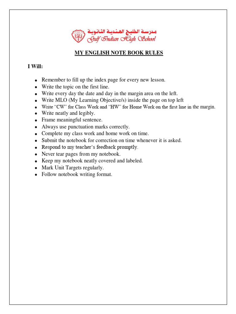 English Notebook Rules - 2024-25 | PDF