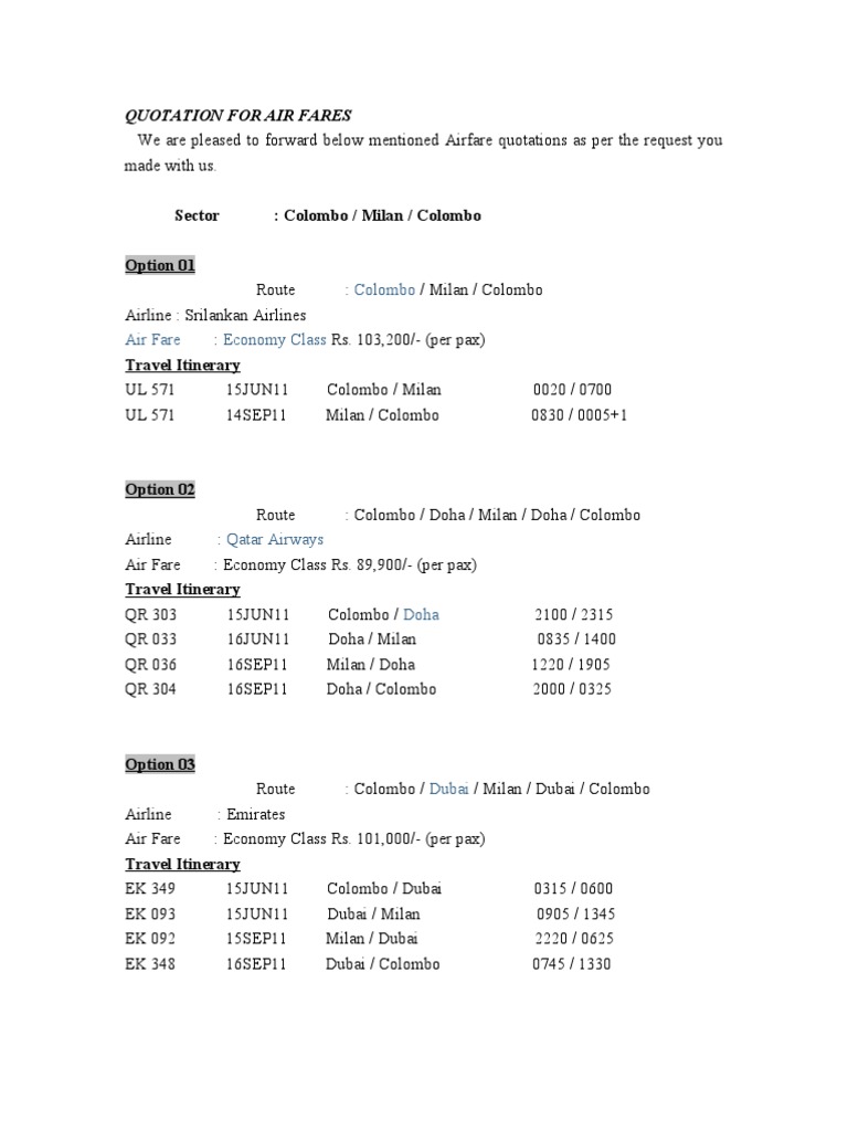 Airfare Quotation for Colombo-Milan | PDF | Business