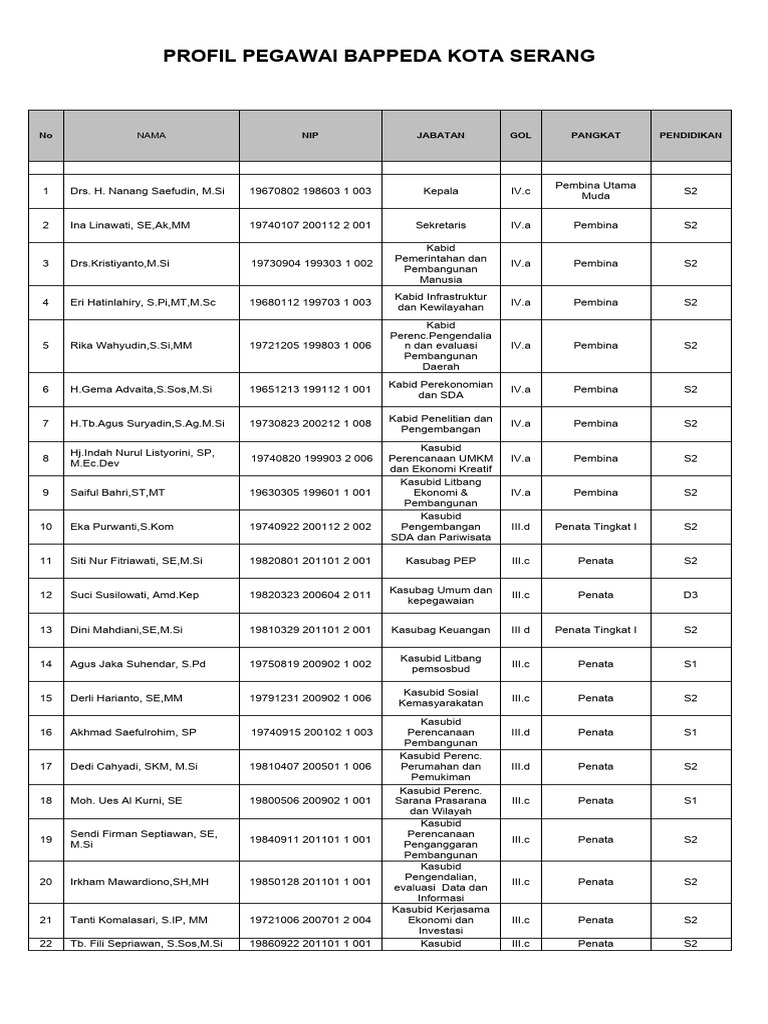 Profil Pegawai Bappeda Kota Serang 2020 2 | PDF