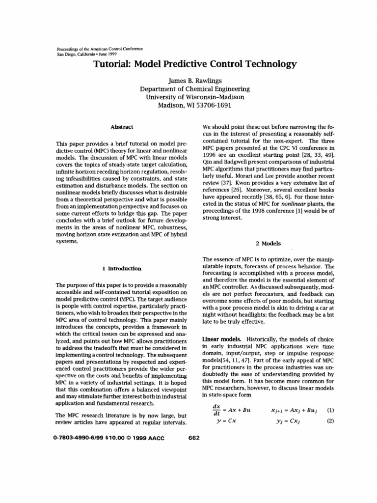 Tutorial Model Predictive Control Technology | PDF | Mathematical ...