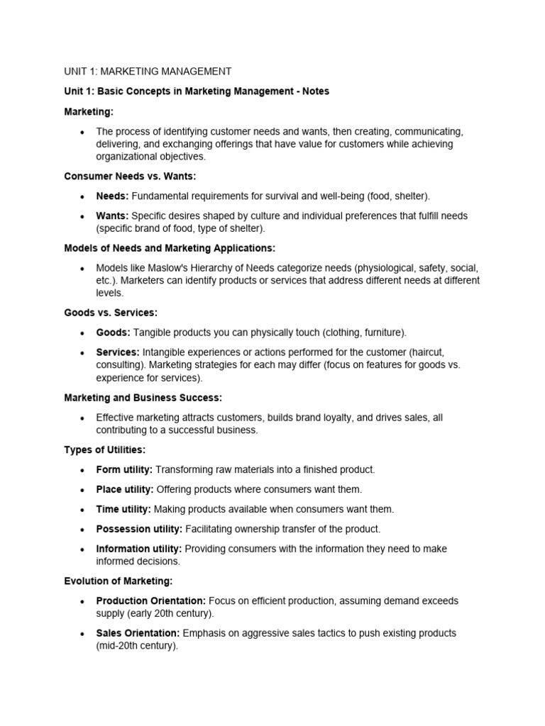 Marketing Management Objective Notes | PDF | Marketing | Product (Business)