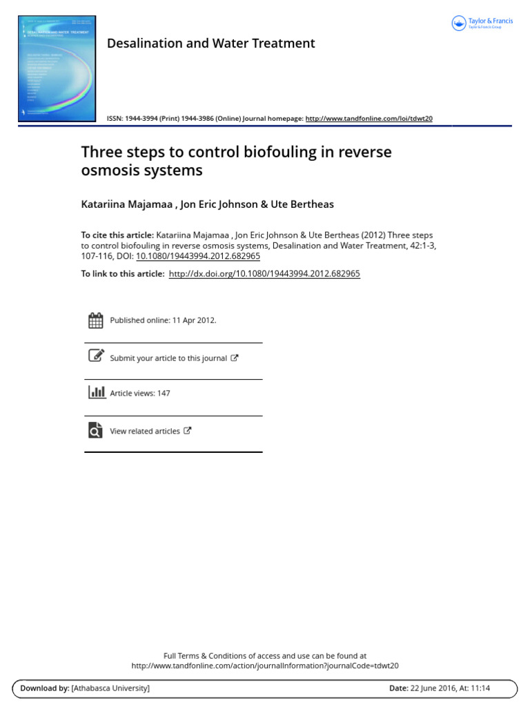 Three Steps To Control Biofouling in Reverse Osmosis Systems | Download Free PDF | Membrane ...