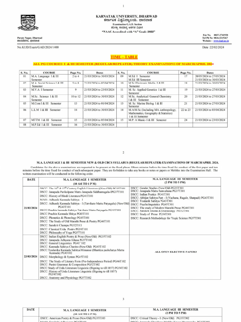 All P.G. 1 & 3 Semester Theory Exam Time Table February-March 2024 | PDF