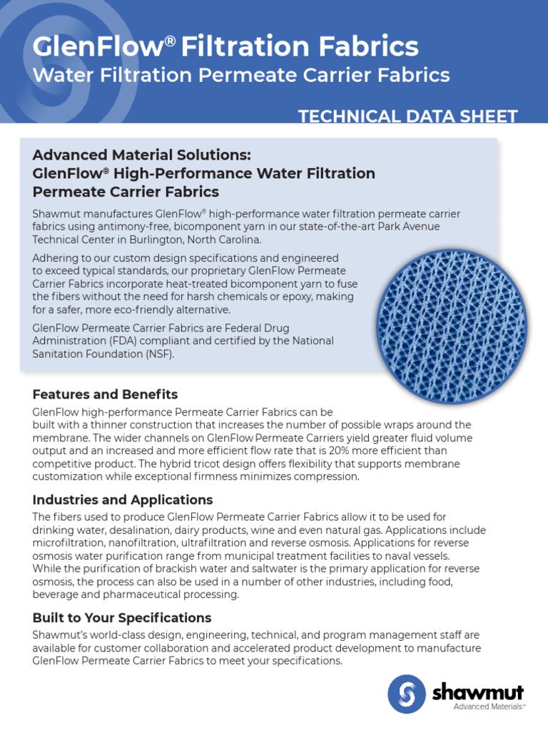 Permeate Spacer - Shawmut - GlenFlow Filtration - Technical Data Sheet ...
