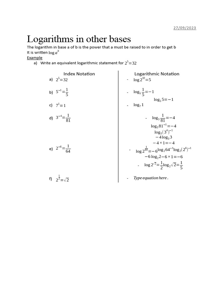 Logarithms in Other Bases: Index Notation Logarithmic Notation | PDF