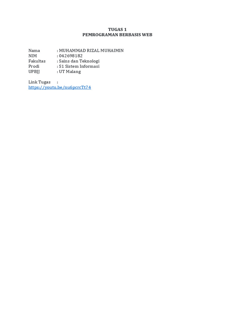 Tugas 1 - Pemrograman Berbasis Web - (042698182) - Muhammad Rizal Muhaimin | PDF