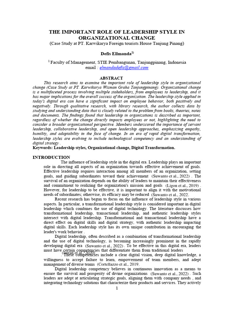 THE IMPORTANT ROLE OF LEADERSHIP STYLE IN ORGANIZATIONAL CHANGE | Download Free PDF | Leadership ...
